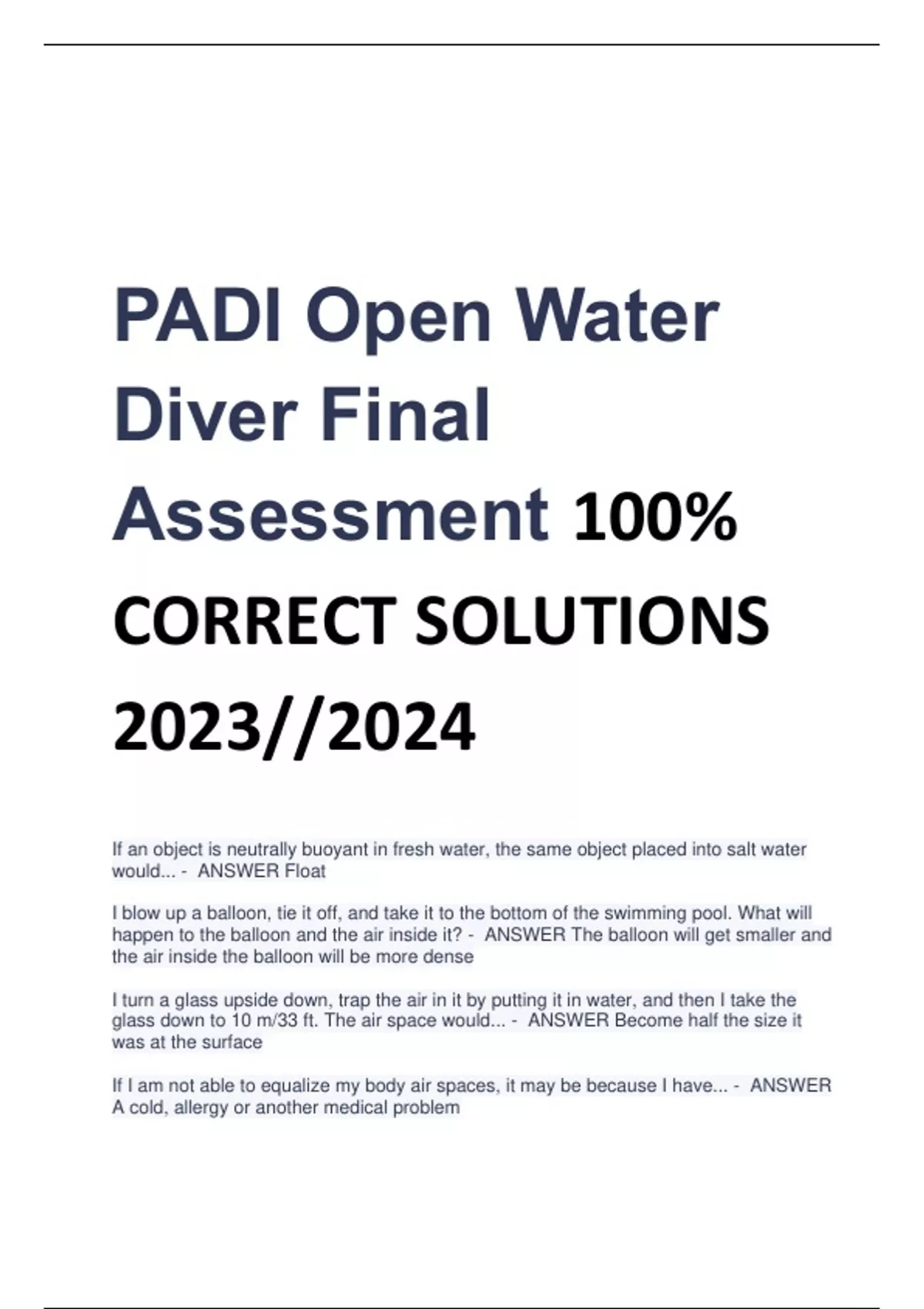 PADI Open Water Diver Final Assessment 100% CORRECT SOLUTIONS 2023 ...