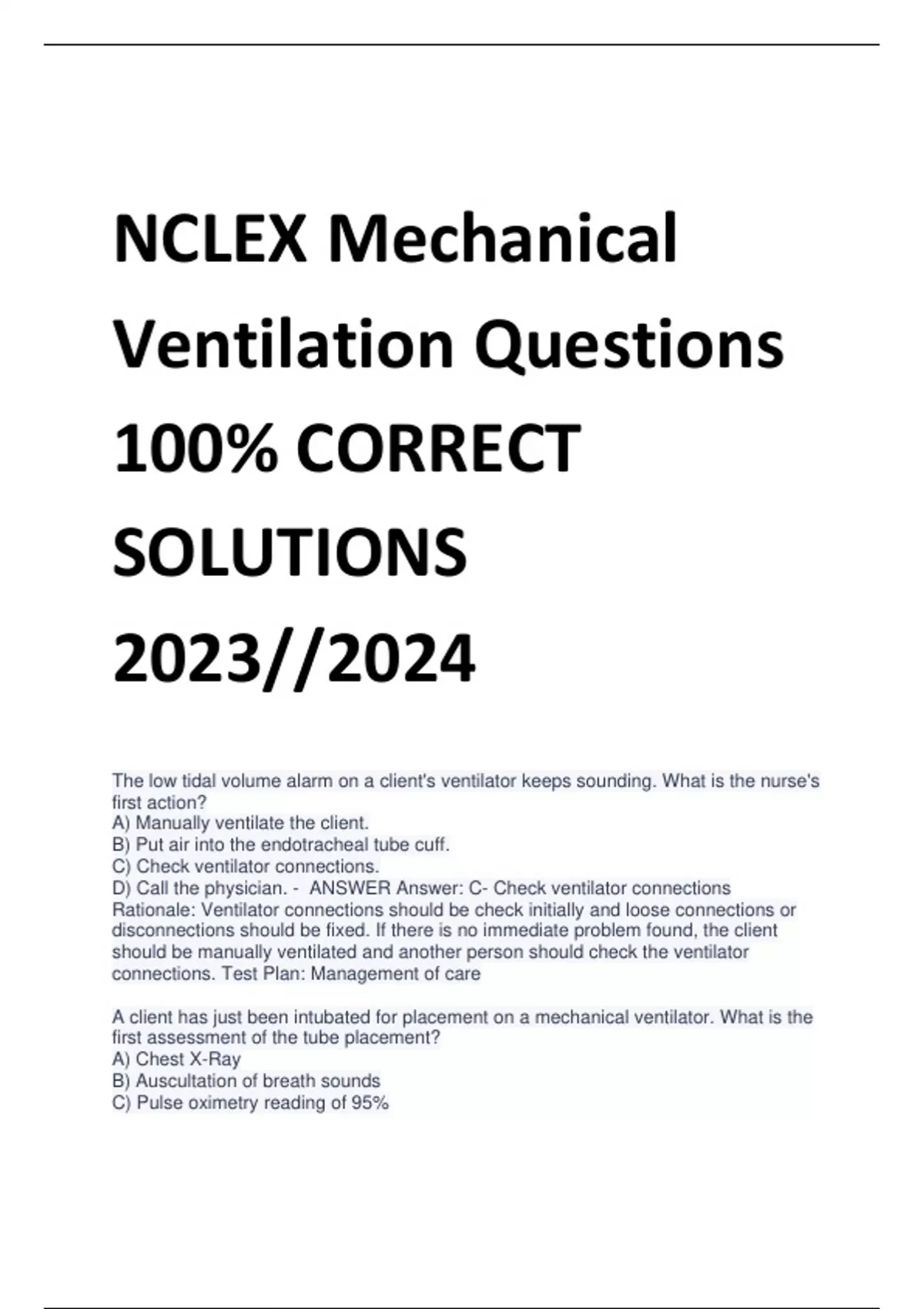 Mechanical Ventilation (NCLEX) 100% CORRECT SOLUTIONS 2023//2024 ...