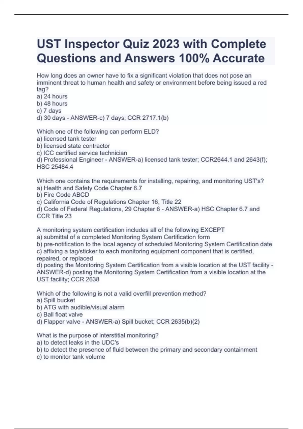 UST Inspector Quiz 2023 with Complete Questions and Answers 100% ...
