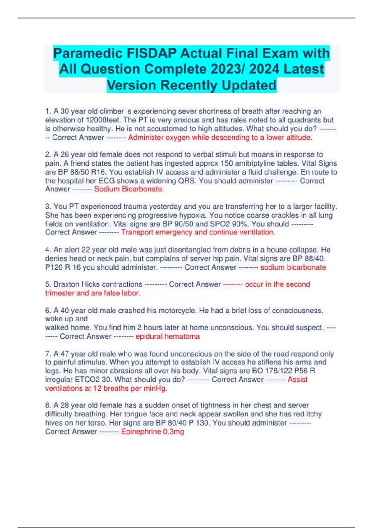 Paramedic FISDAP Actual Final Exam with All Question Complete 2023/ ...