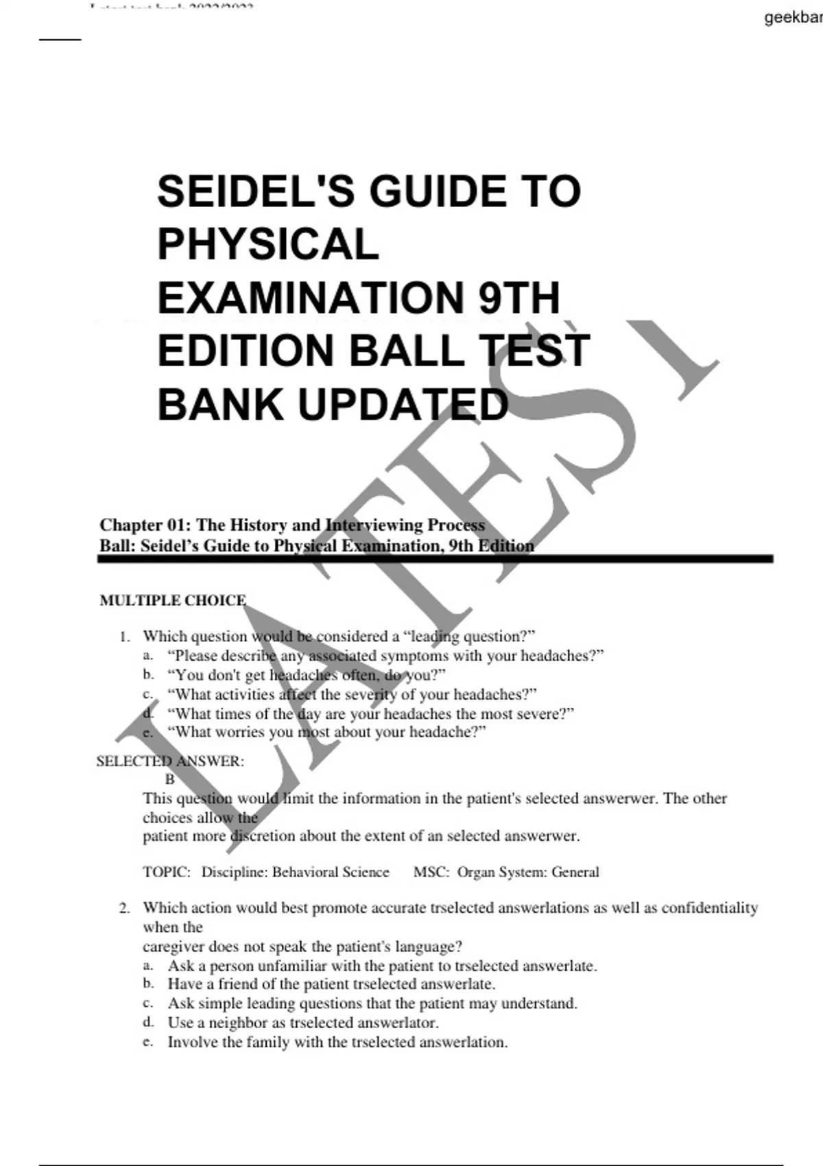 Seidel's Guide to Physical Examination 9th Edition Ball Test Bank ...