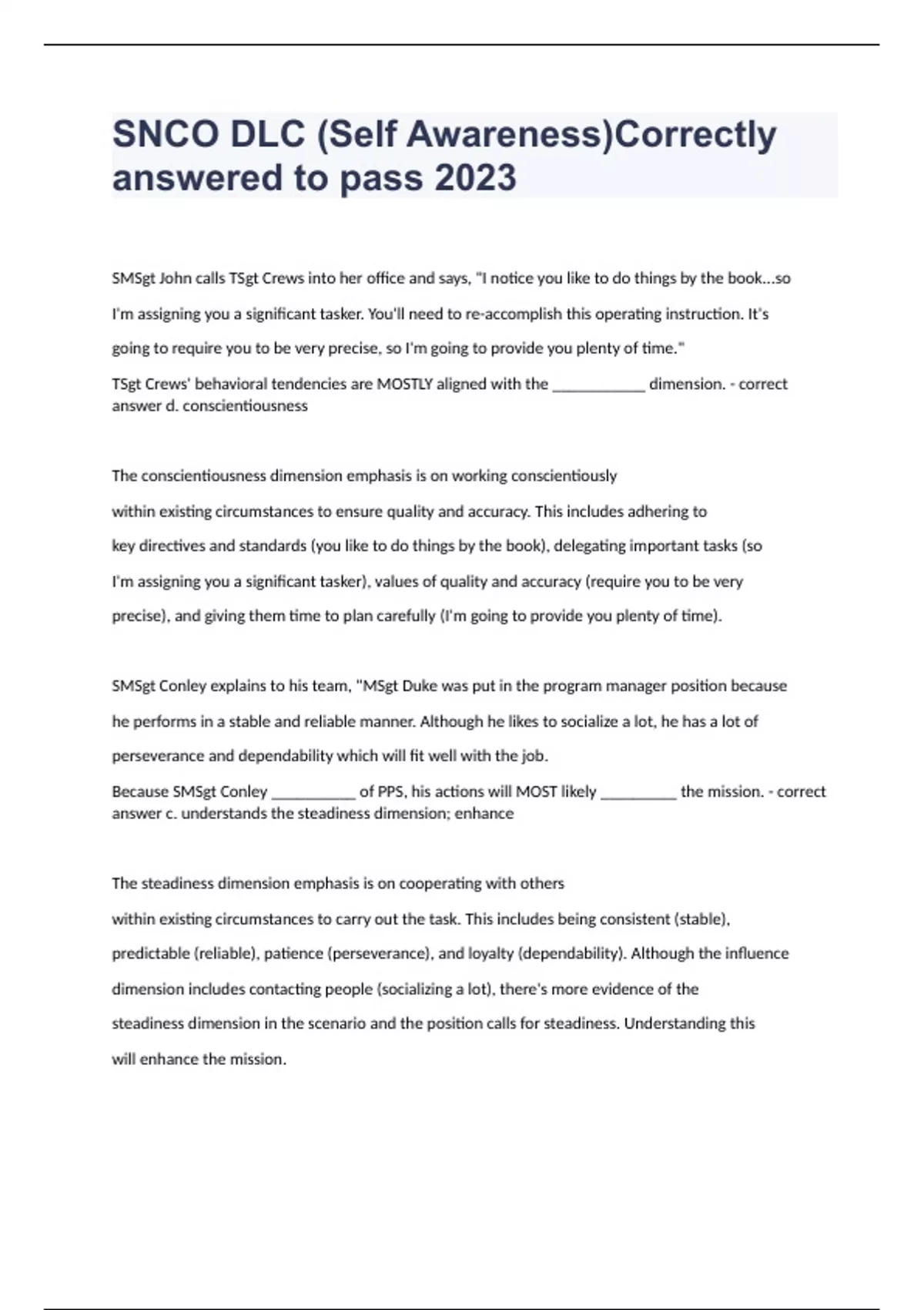 SNCO DLC (Self Awareness)Correctly answered to pass 2023 - SNCO - Stuvia US