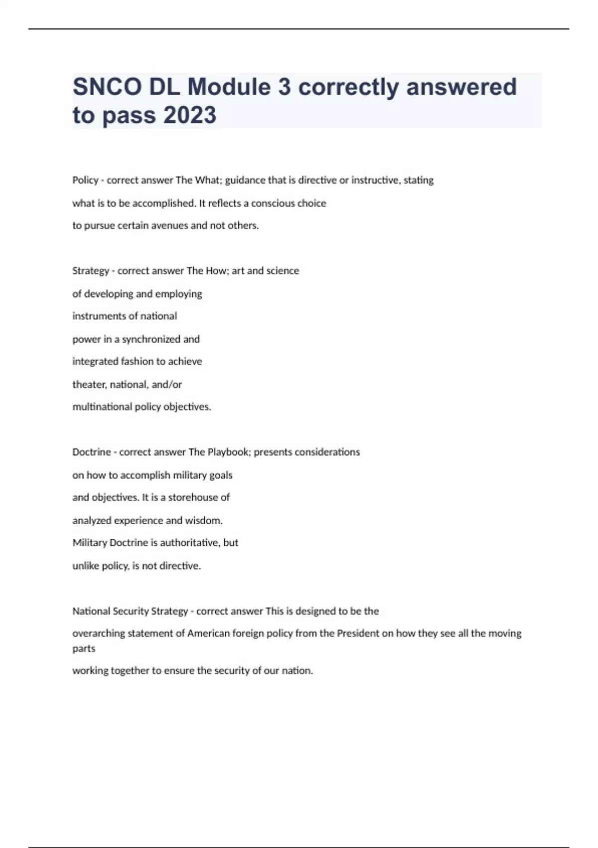 SNCO DL Module 3 correctly answered to pass 2023 - SNCO - Stuvia US