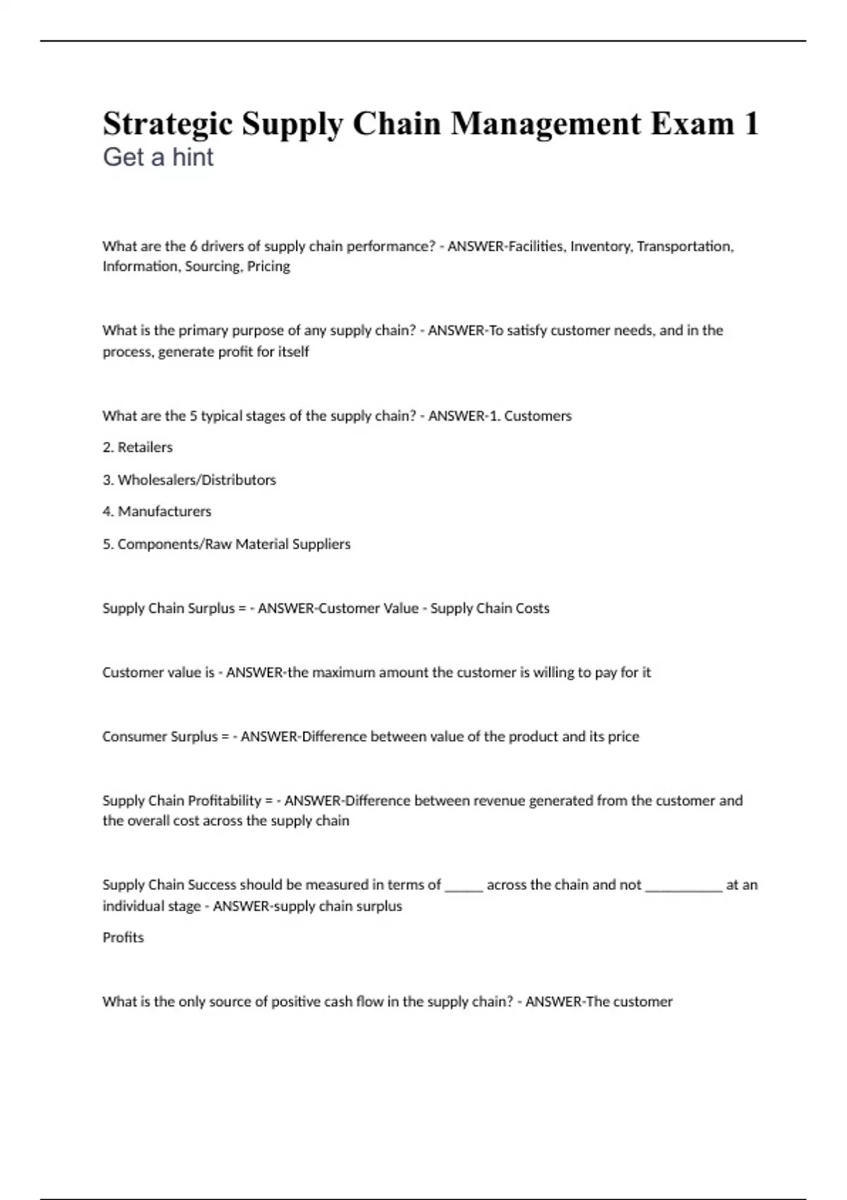 Strategic Supply Chain Management Exam 1 - Strategic Supply Chain ...