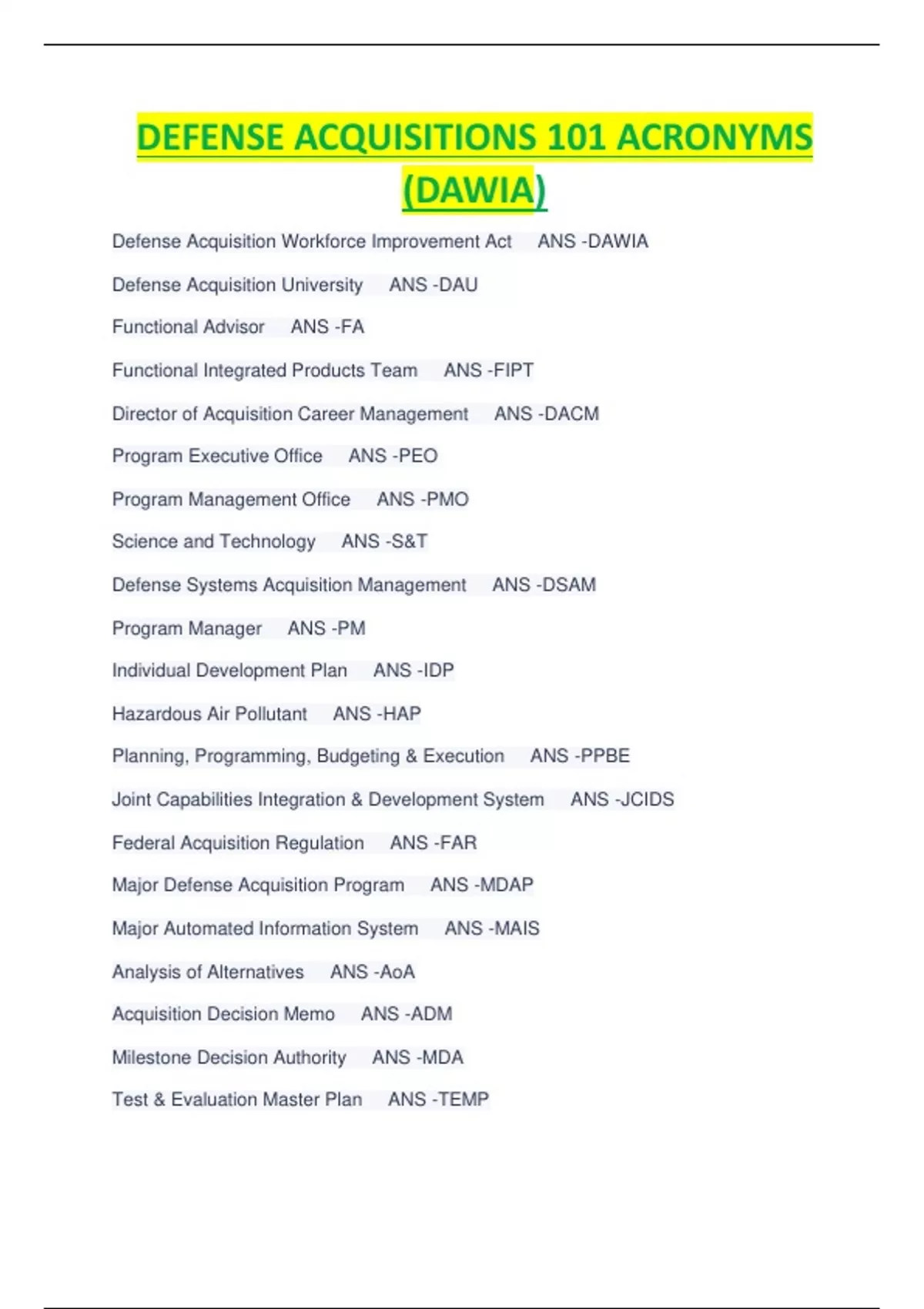DEFENSE ACQUISITIONS 101 ACRONYMS (DAWIA) AND THEIR FULL NAME - DAWIA ...
