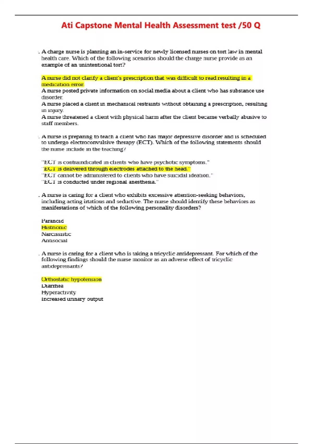 Ati Capstone Mental Health Assessment/50 Questions and Answers/With ...