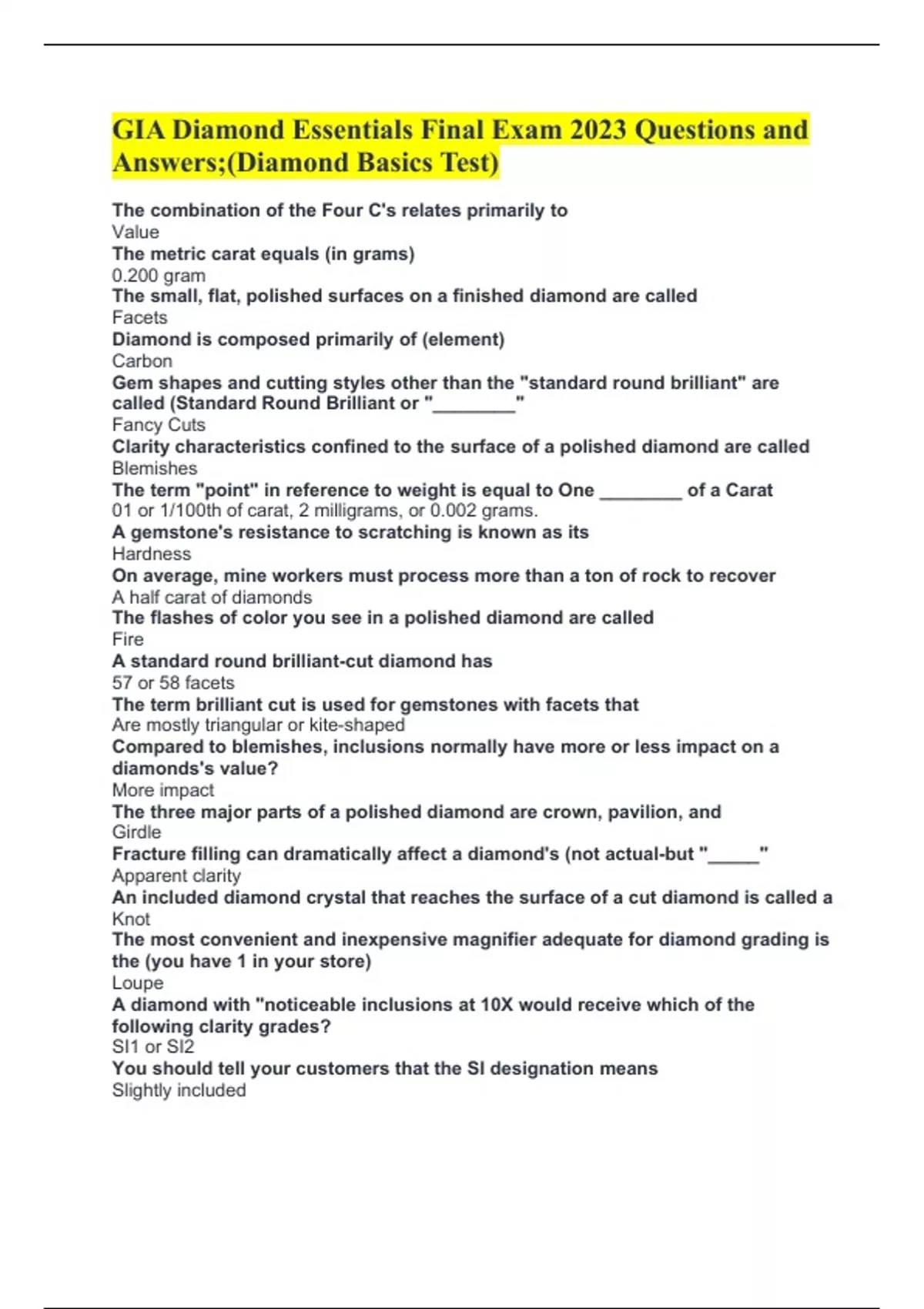 GIA Diamond Essentials Final Exam 2023 Questions and Answers;(Diamond ...