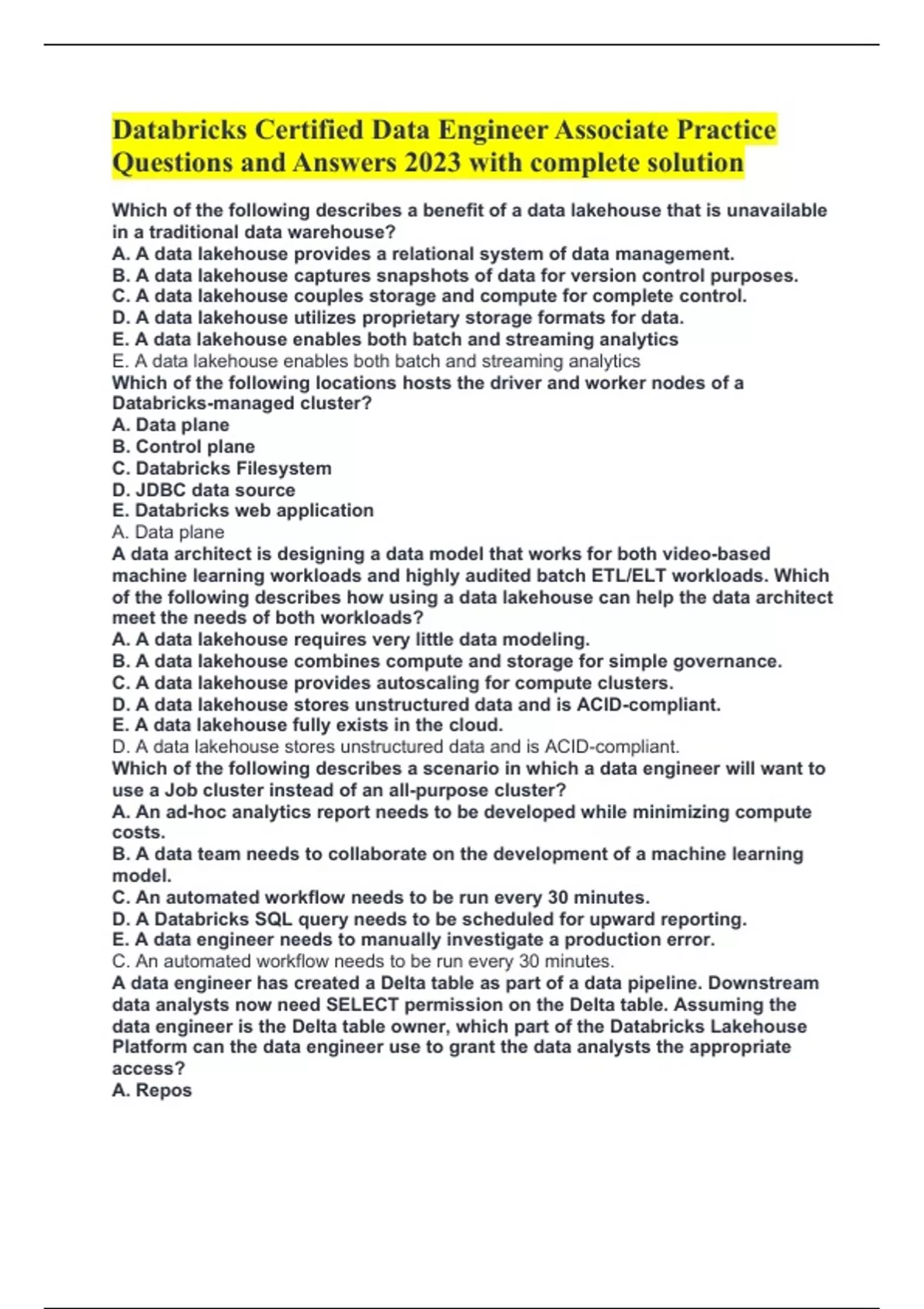 Databricks Certified Data Engineer Associate Practice Questions and ...