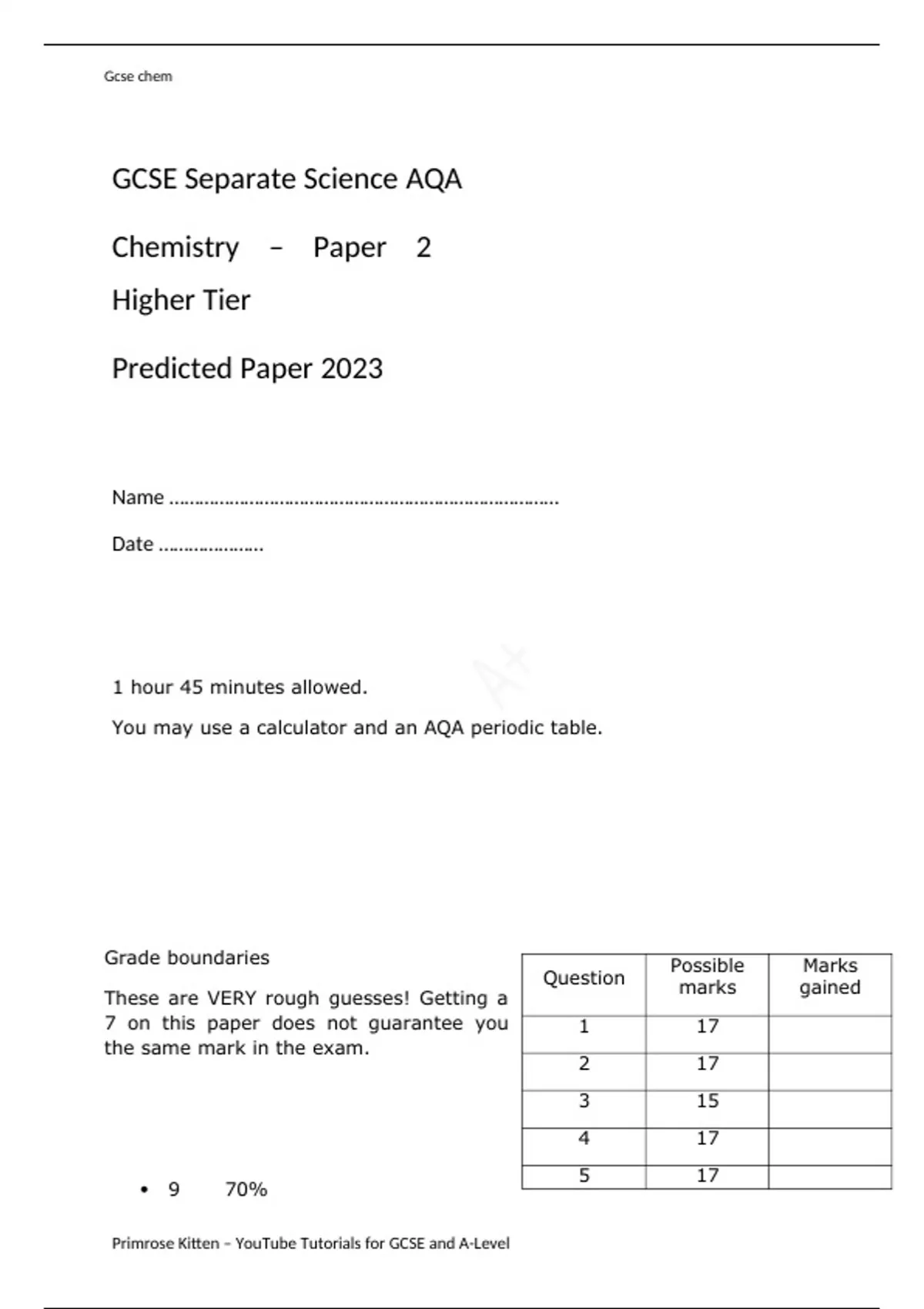 AQA GCSE Separate Science Chemistry Paper 2 Higher Tier Predicted Paper ...