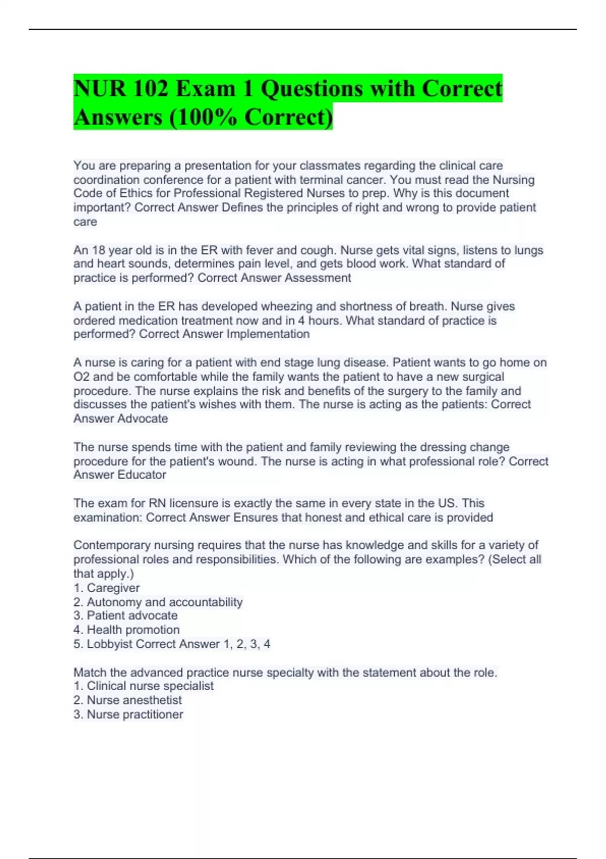 NUR 102 Exam 1 Questions with Correct Answers (100% Correct) - NUR 102 ...