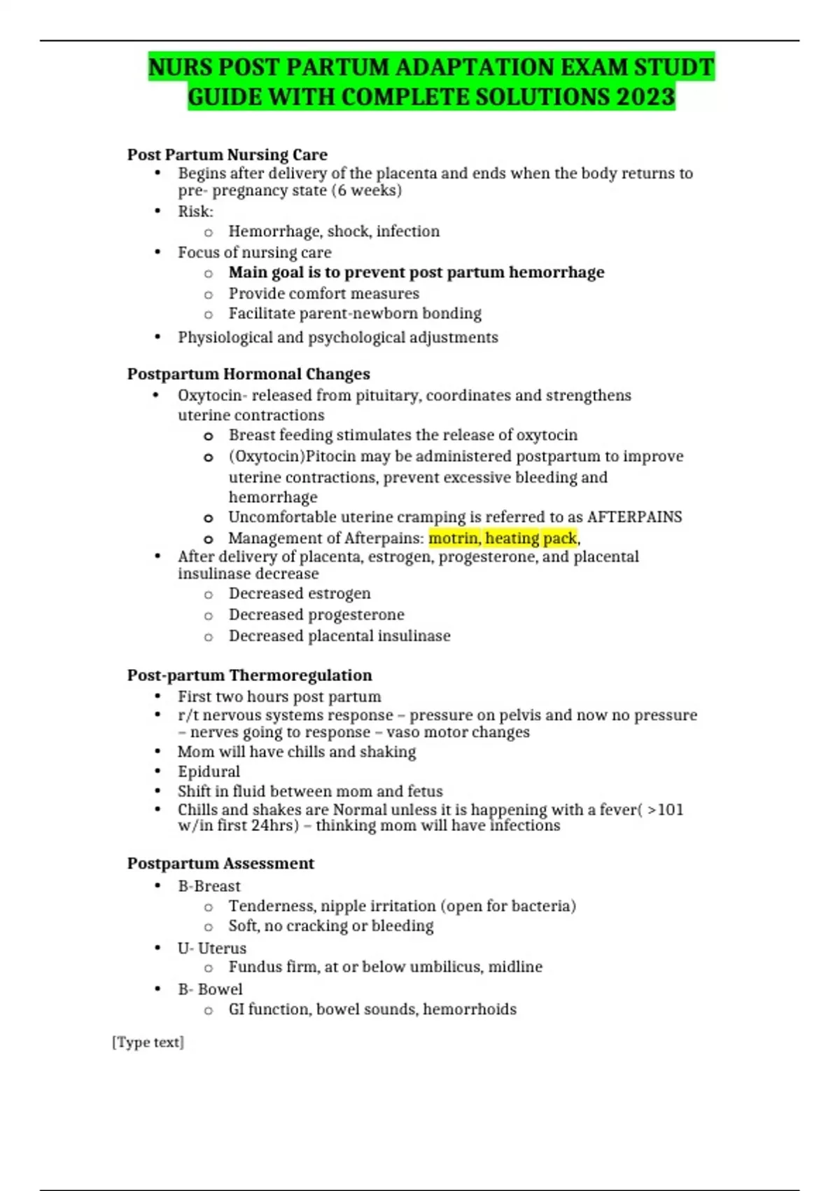 NURS POST PARTUM ADAPTATION EXAM STUDT GUIDE WITH COMPLETE SOLUTIONS 2023 - NURS POST - Stuvia US