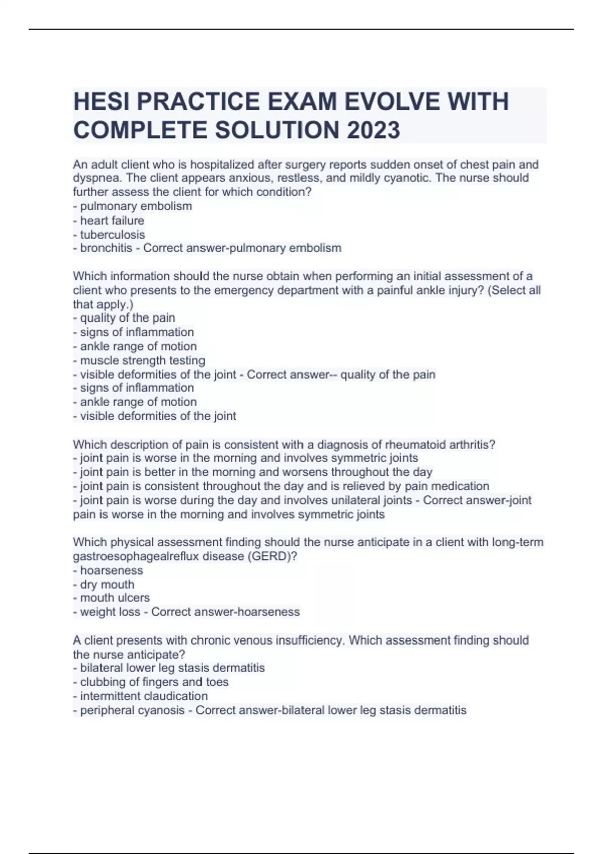 HESI PRACTICE EXAM EVOLVE WITH COMPLETE SOLUTION 2023 - HESI MILESTONE ...