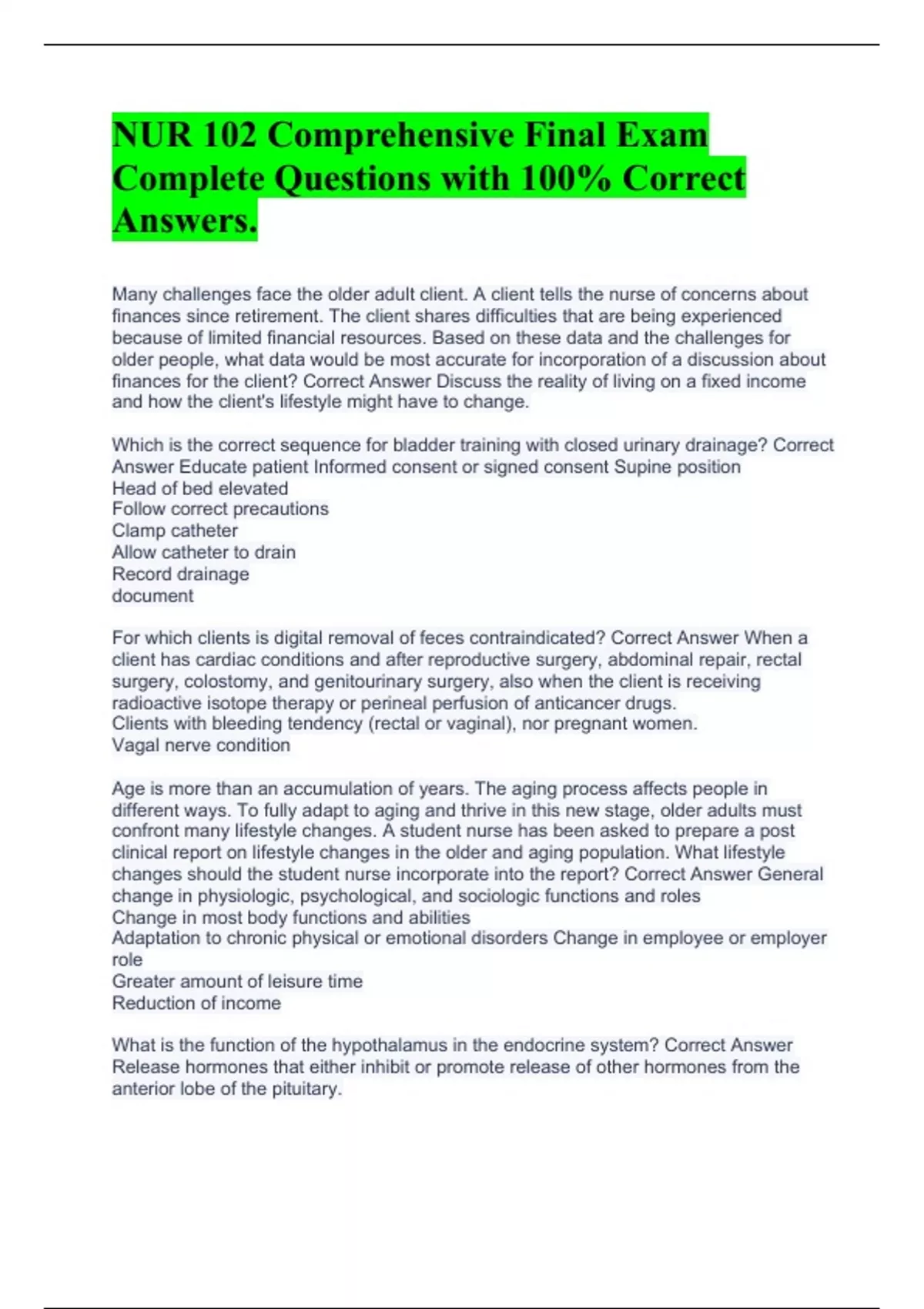 NUR 102 Comprehensive Final Exam Complete Questions with 100% Correct ...