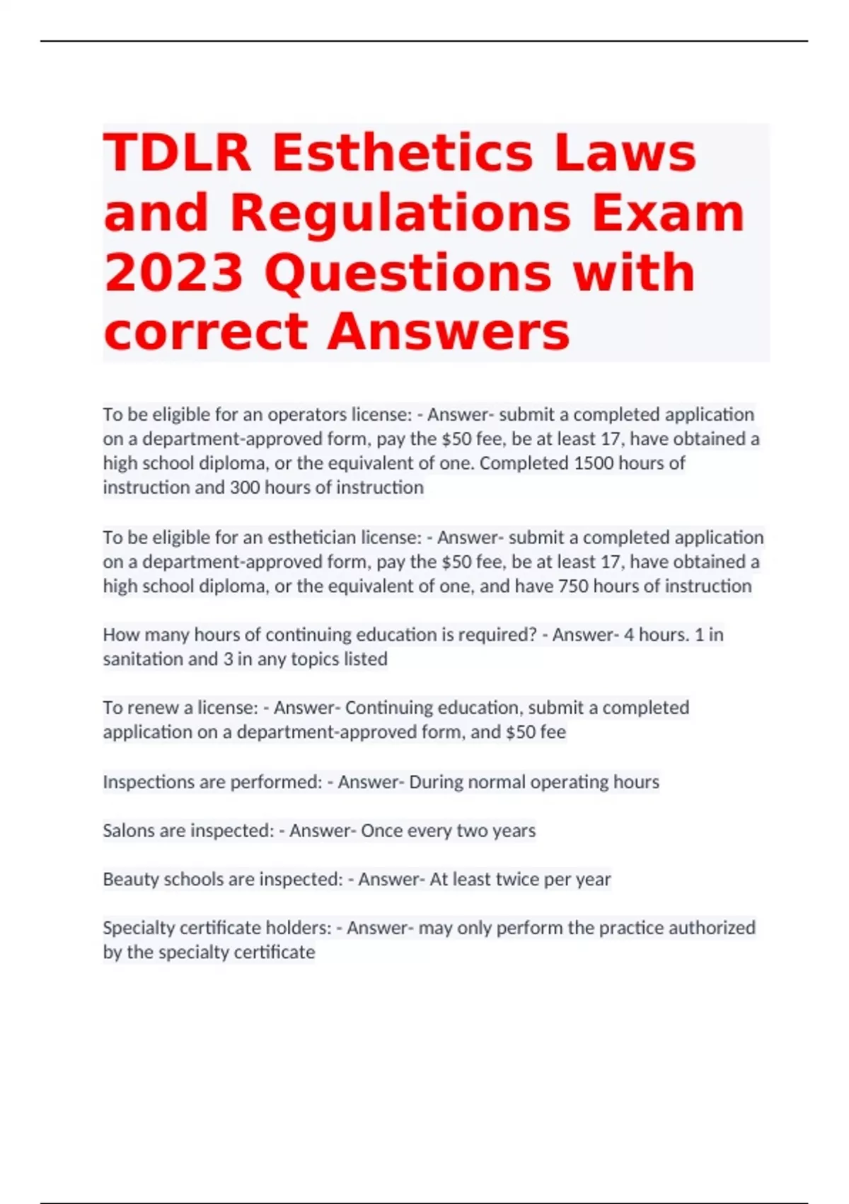 TDLR Esthetics Laws and Regulations Exam 2023 Questions with correct ...