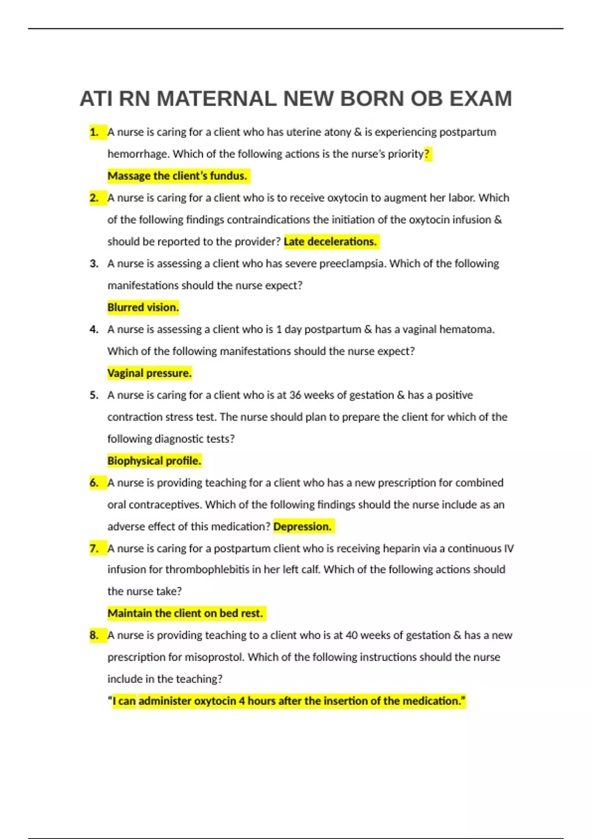ATI RN MATERNAL NEW BORN OB EXAM 2023/2024 - ATI RN MATERNAL NEW BORN ...