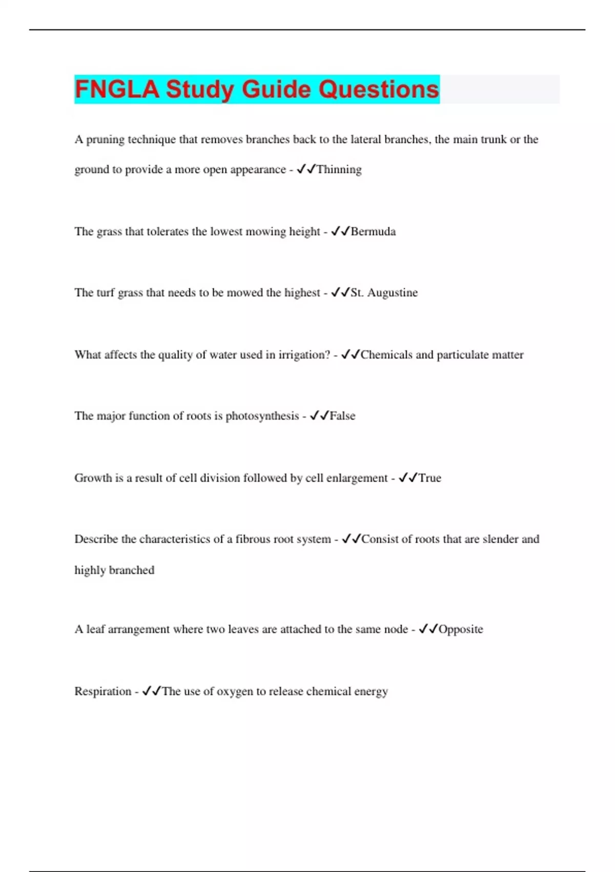 FNGLA Study Guide Questions | 70 Questions with 100% Correct Answers ...