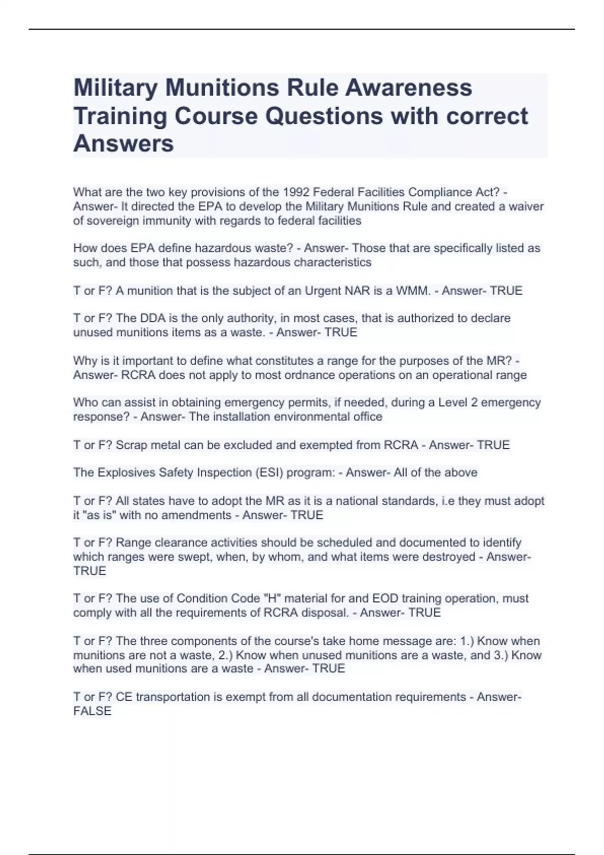 Military Munitions Rule Awareness Training Course Questions with ...