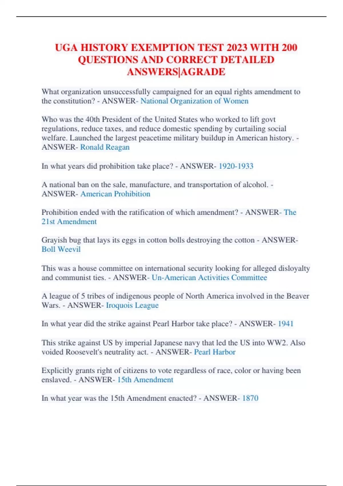 UGA HISTORY EXEMPTION TEST 2023 WITH 200 QUESTIONS AND CORRECT DETAILED ...