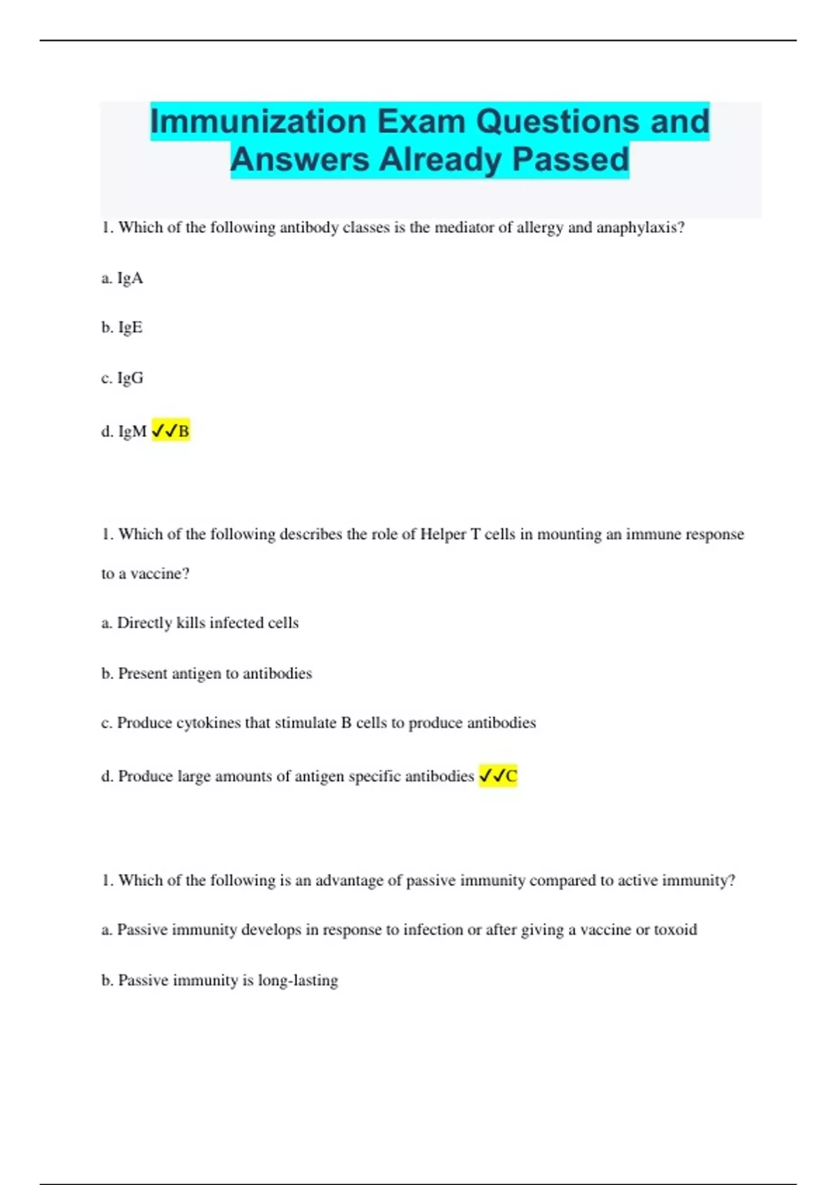 Immunization Bundled Exams Questions and Answers 100% Pass - Stuvia US