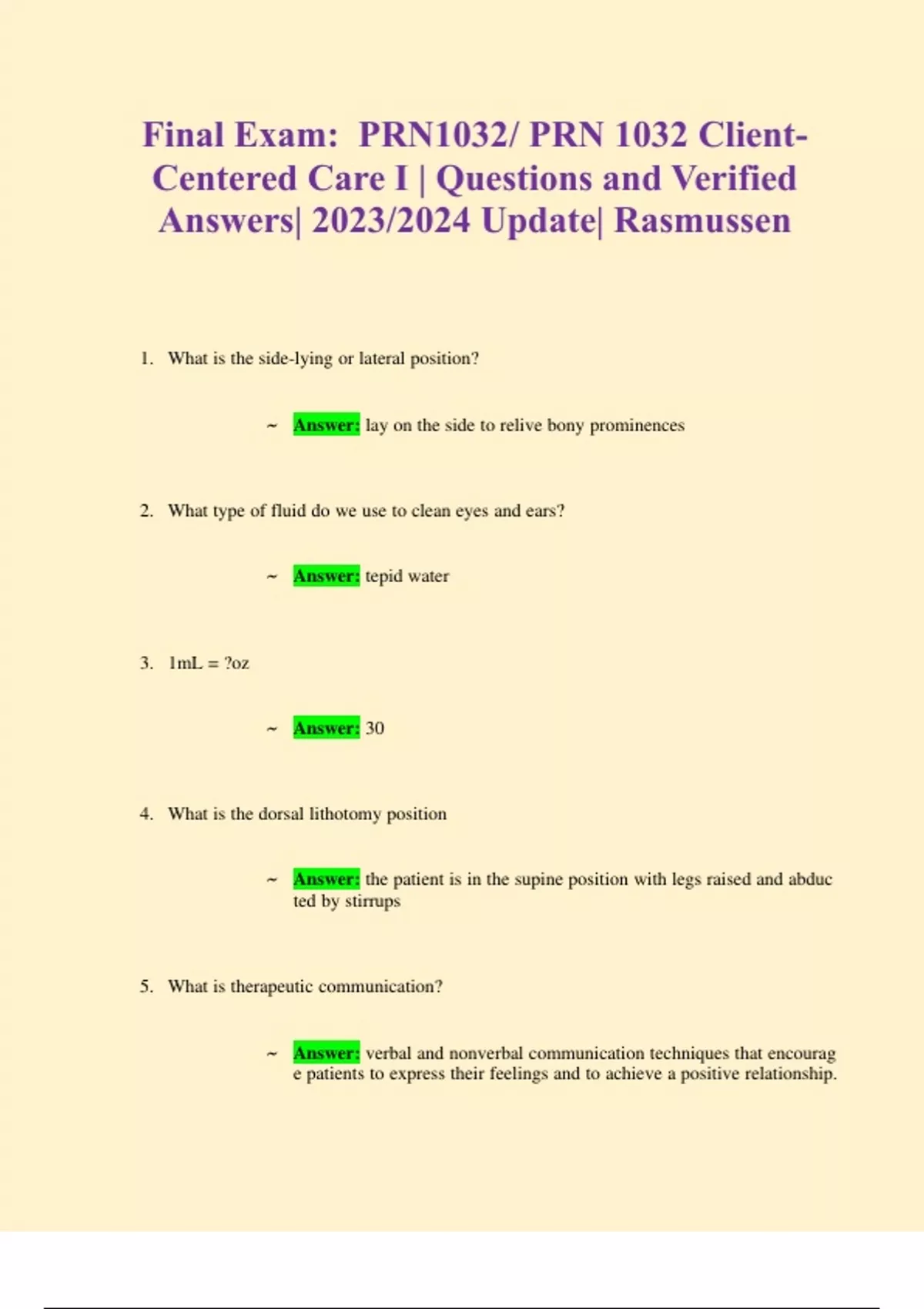 Final Exam: PRN1032/ PRN 1032 Client-Centered Care I Review | Questions and Verified Answers ...