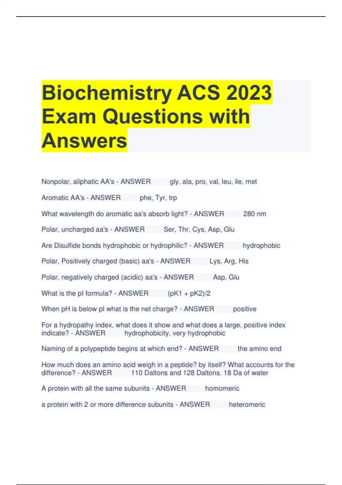 Biochemistry ACS 2023 Exam Questions with Answers - ACS Biochemistry ...