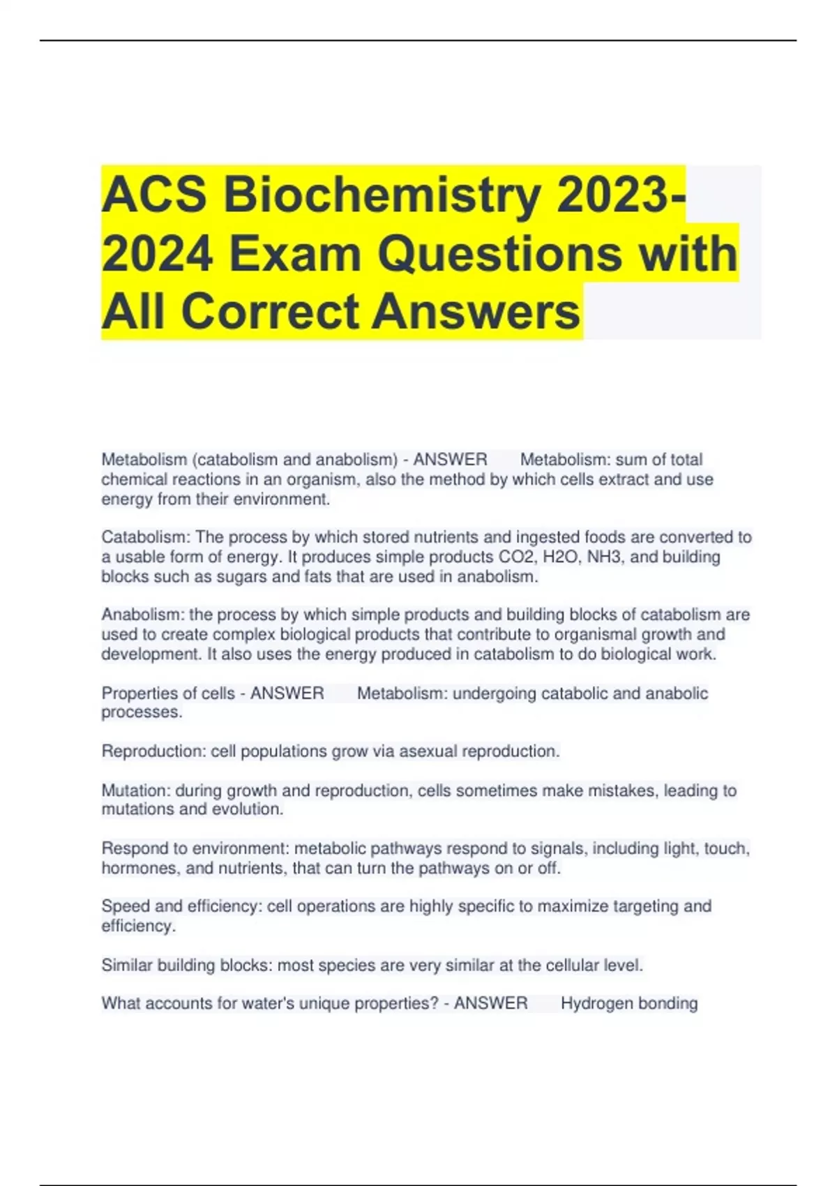 ACS Biochemistry Exam Questions with All Correct Answers - ACS ...