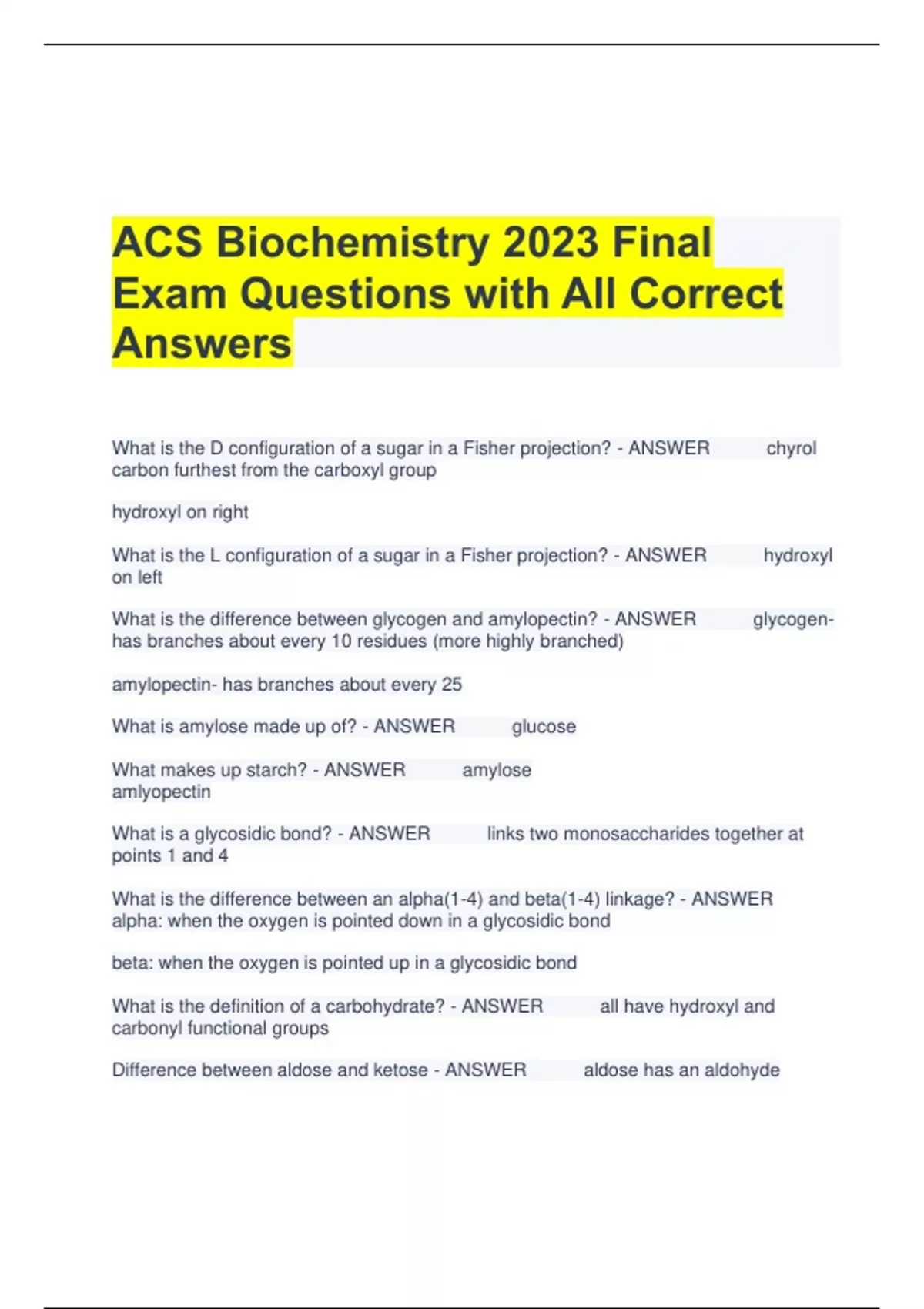ACS Biochemistry 2023 Final Exam Questions with All Correct Answers ...