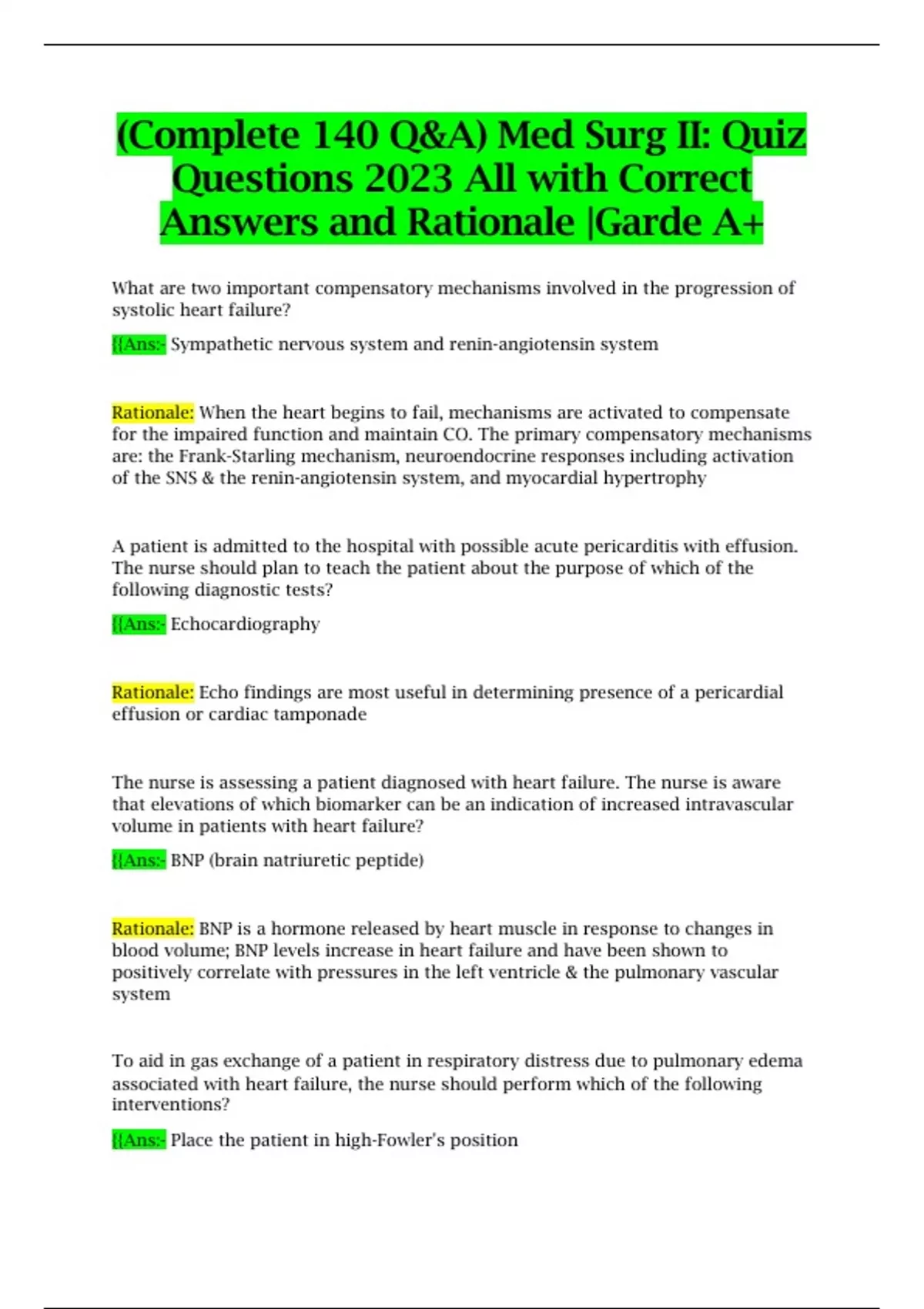 (Complete 140 Q&A) Med Surg II: Quiz Questions 2023 All with Correct ...