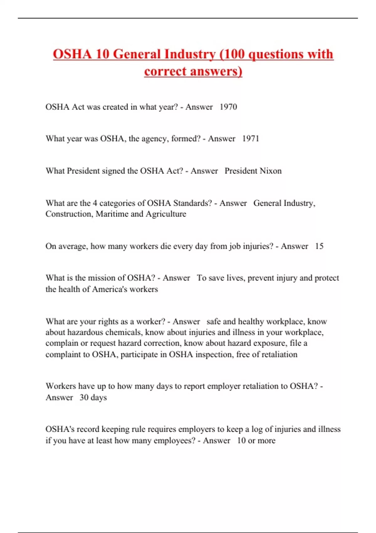 OSHA 10 General Industry (100 questions with correct answers) - OSHA 10 ...