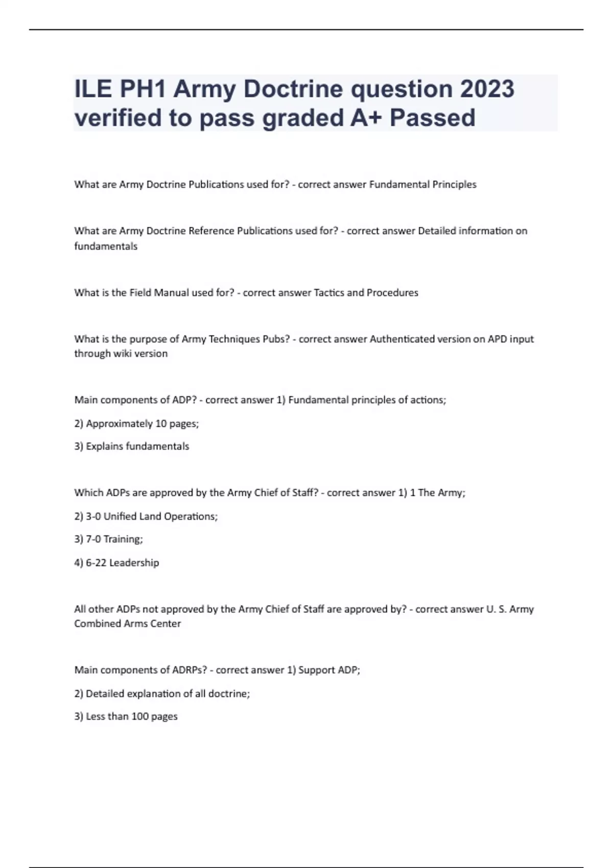 ILE PH1 Army Doctrine question 2023 verified to pass graded A+ Passed - ILE - Stuvia US