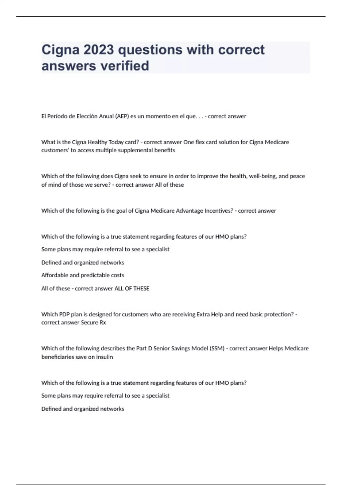 Cigna 2023 questions with correct answers verified - Cigna - Stuvia US