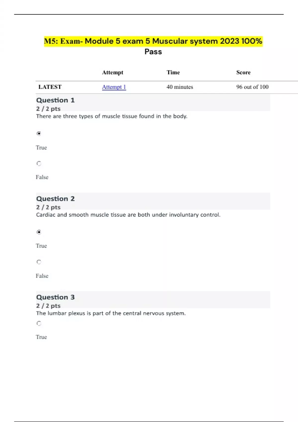 M5: Exam- Module 5 exam 5 Muscular system 2023 100% - Community health ...