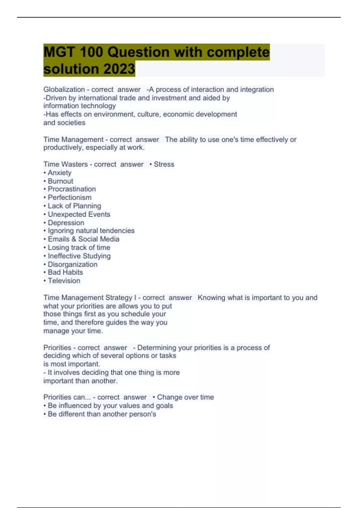MGT 100 Question with complete solution 2023 - MGT 100 - Stuvia US