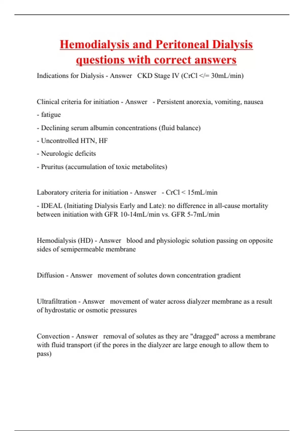 Hemodialysis and Peritoneal Dialysis questions with correct answers ...