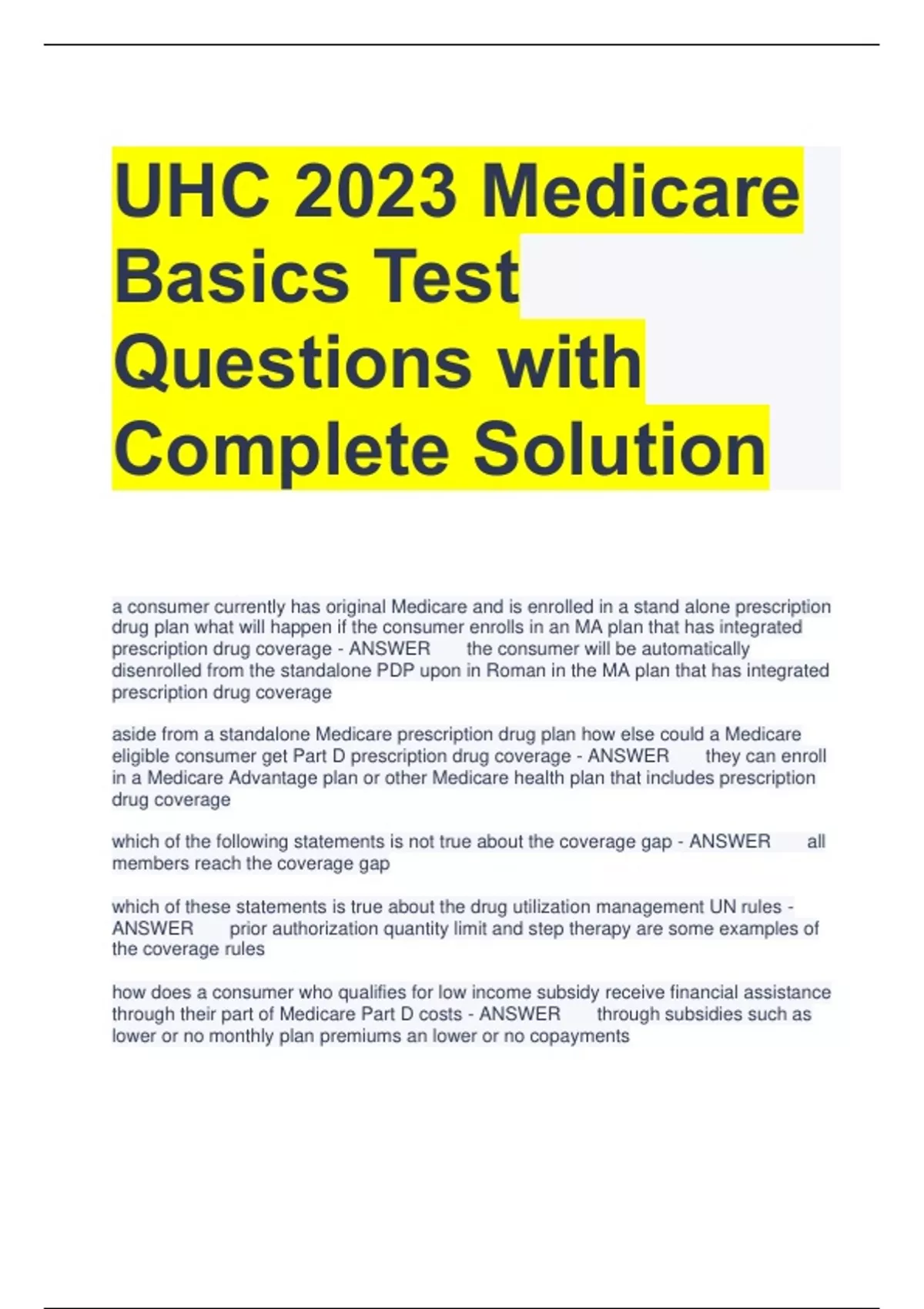 UHC 2023 Medicare Basics Test Questions with Complete Solution - UHC ...