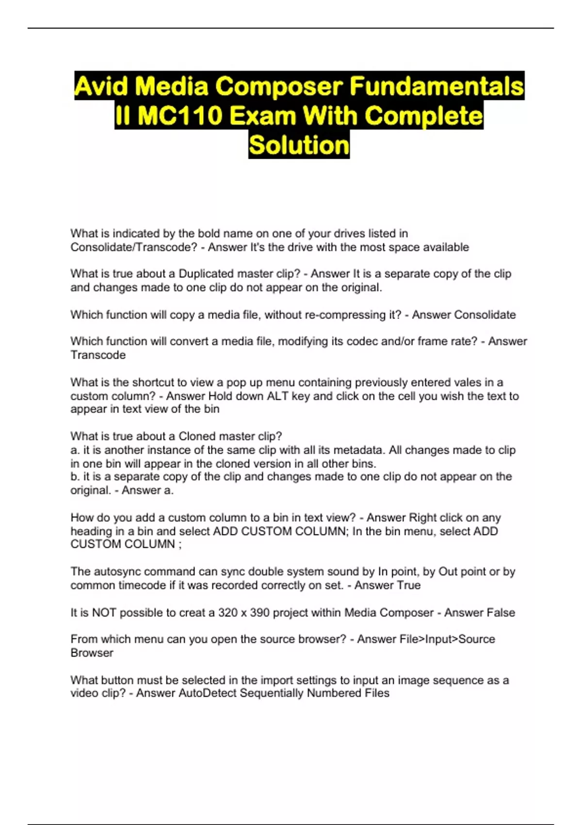 Avid Media Composer Fundamentals II MC110 Exam With Complete Solution - Avid Media Composer ...