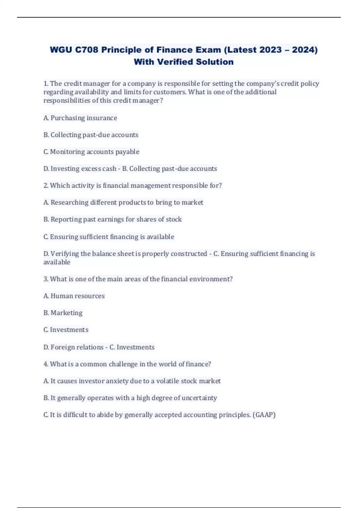 WGU C708 Principle of Finance Exam (Latest 2023 – 2024) With Verified ...