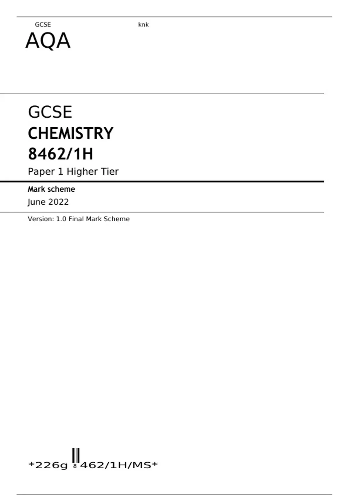AQA Gcse chemistry June 2022 paper 1H Higher tier question paper and ...