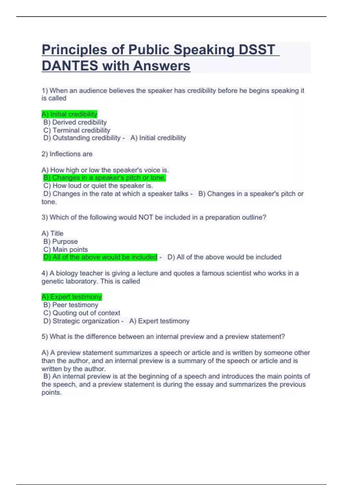 Principles of Public Speaking DSST DANTES with Answers - Nursing ...