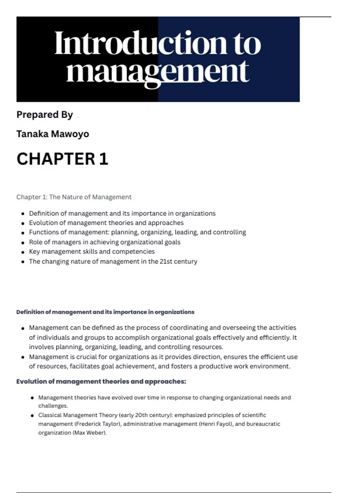 Summary "Comprehensive Overview: Introduction to Management and Ethical Responsibilities in the ...