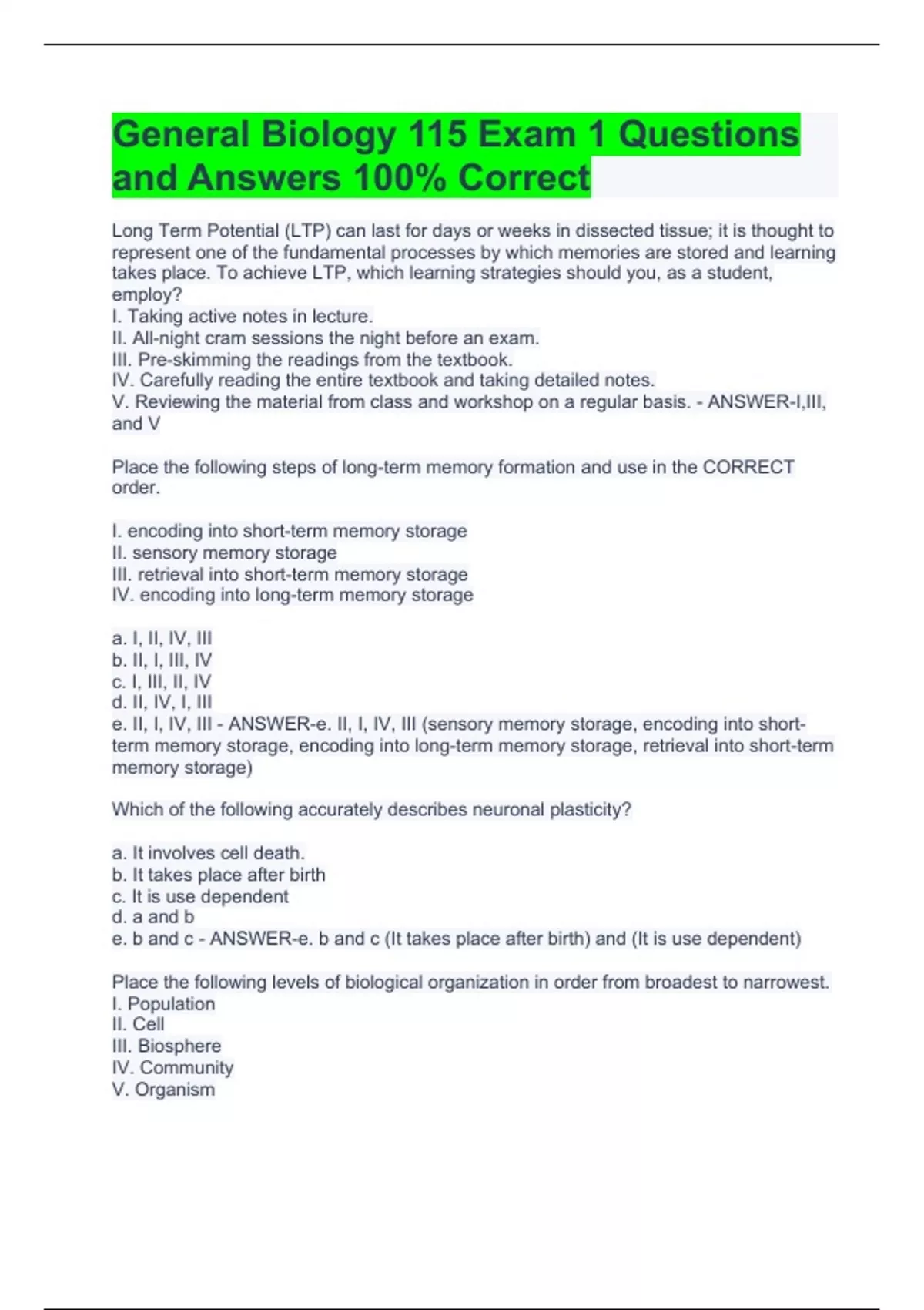 General Biology 115 Exam 1 Questions and Answers 100% Correct - General Biology 115 - Stuvia US