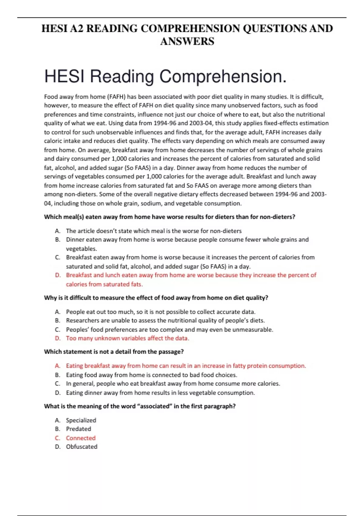 HESI A2 READING COMPREHENSION QUESTIONS AND ANSWERS - Hesi A2 - Stuvia US
