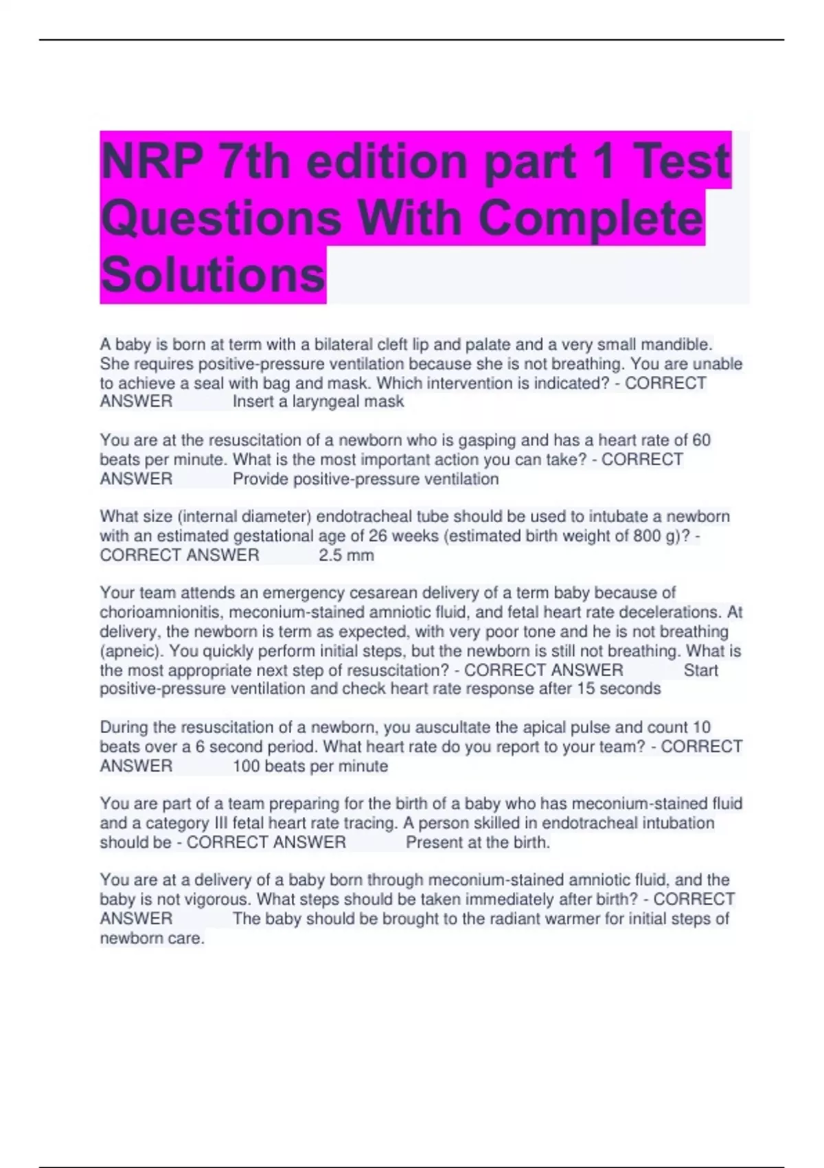 NRP 7th edition part 1 Test Questions With Complete Solutions - NRP 7th ...