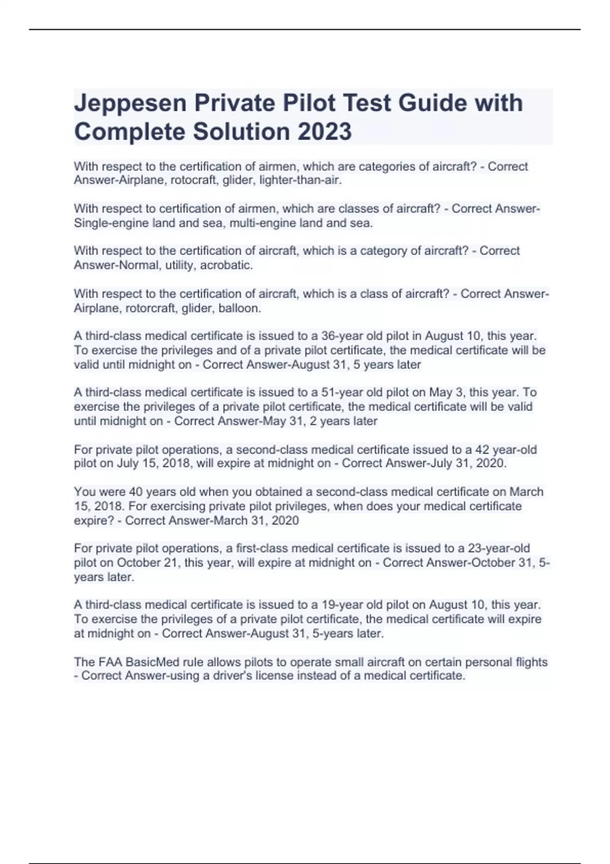 Jeppesen Private Pilot Test Guide with Complete Solution 2023 ...