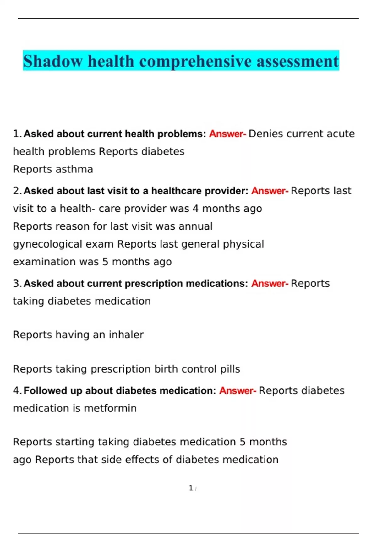 Shadow health comprehensive assessment with complete solution - Shadow health comprehensive ...