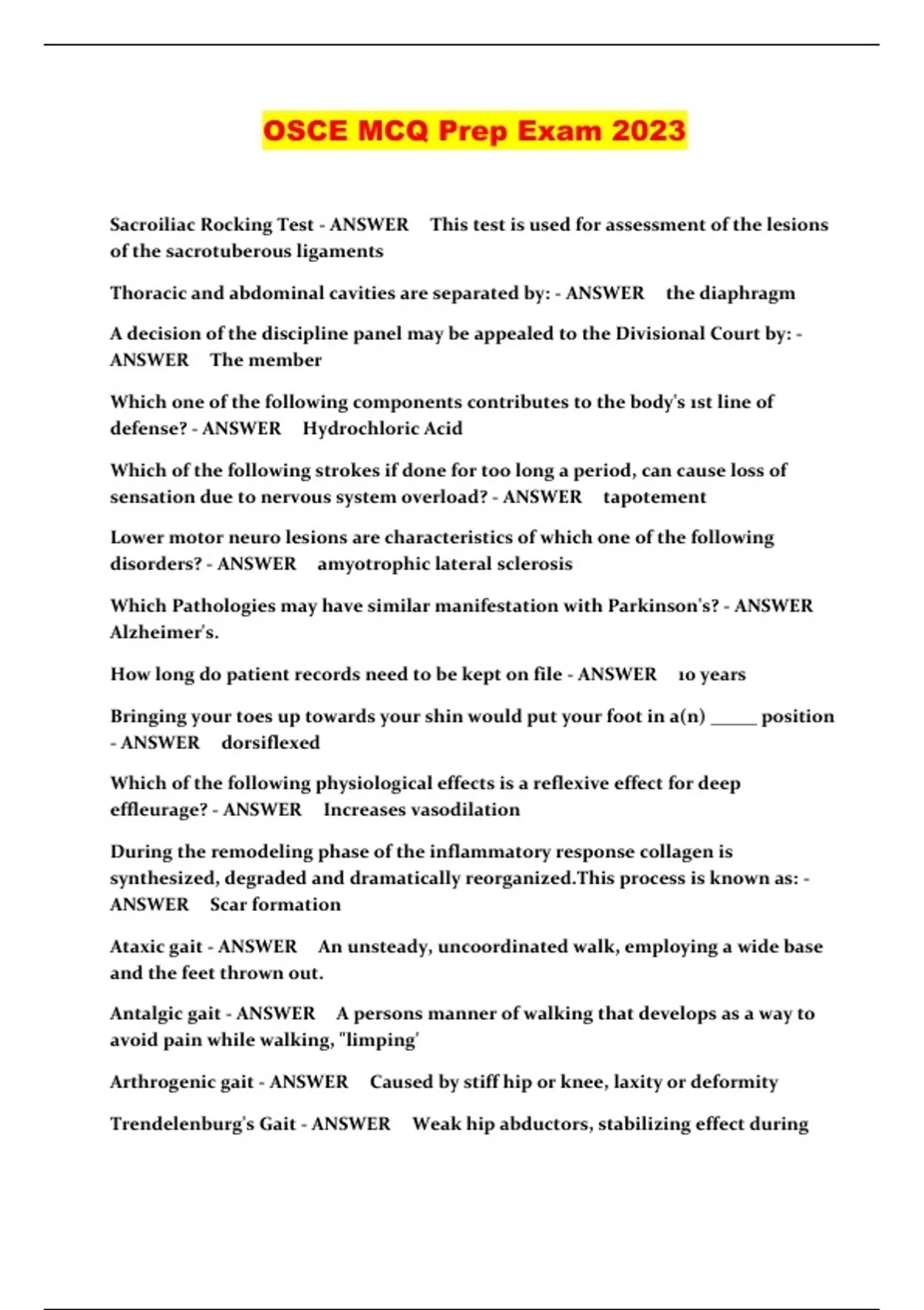OSCE MCQ Prep Exam 2023 - OSCE MCQ - Stuvia US