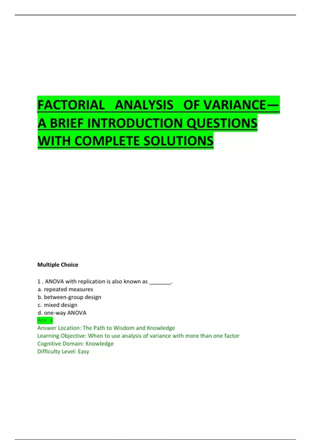 FACTORIAL ANALYSIS OF VARIANCE— A BRIEF INTRODUCTION QUESTIONS WITH COMPLETE SOLUTIONS ...