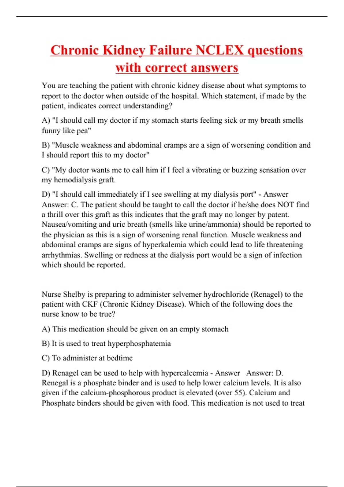 Chronic Kidney Failure NCLEX questions with correct answers - Chronic ...