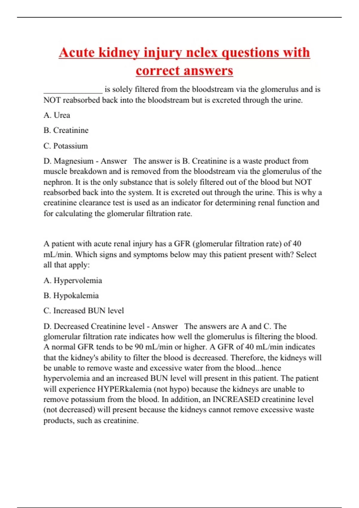 Acute kidney injury nclex questions with correct answers - Acute kidney ...
