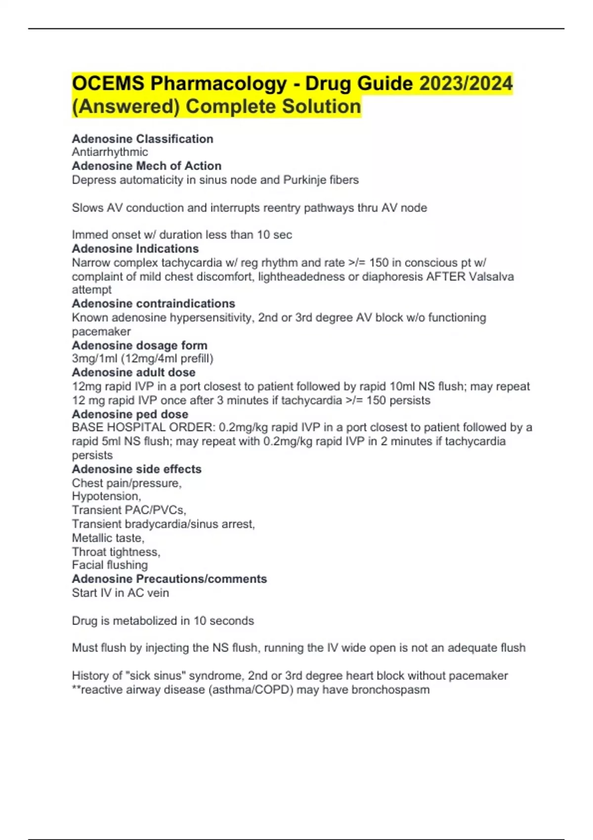 OCEMS Pharmacology - Drug Guide 2023/2024 (Answered) Complete Solution ...